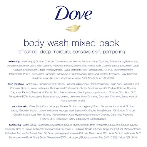 Dove Mixed Body Wash Pack with Natural Nourishers for Instantly Soft Skin and Lasting Nourishment Cleanser That Effectively Washes Away Bacteria While Nourishing Your Skin 4 Count