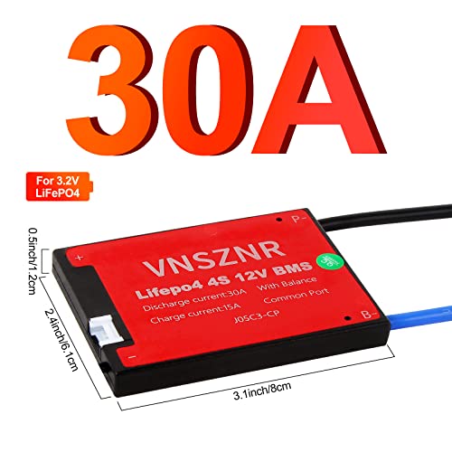 VNSZNR LiFePO4 BMS 4S 12V 30A Lithium Iron Phosphate Battery Management System PCB Protection Board with Balance Leads Wires for LiFePO4 3.2V Cells Battery Pack