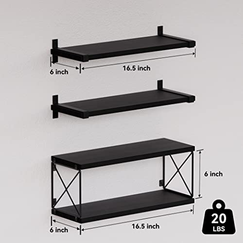 WOPITUES Floating Shelves Wall Mounted, Wood Bathroom Shelves with Extra Storage Shelf, Rustic Wall Shelves for Bathroom, Bedroom, Kitchen, Living Room, Plants - Black
