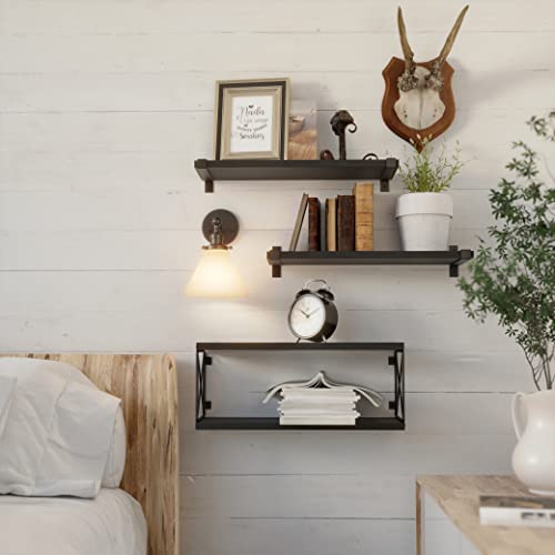 WOPITUES Floating Shelves Wall Mounted, Wood Bathroom Shelves with Extra Storage Shelf, Rustic Wall Shelves for Bathroom, Bedroom, Kitchen, Living Room, Plants - Black