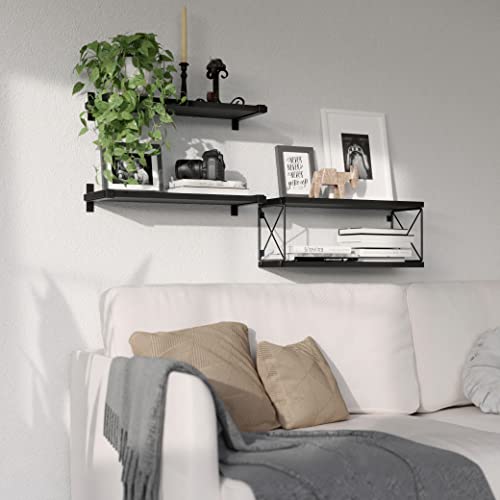WOPITUES Floating Shelves Wall Mounted, Wood Bathroom Shelves with Extra Storage Shelf, Rustic Wall Shelves for Bathroom, Bedroom, Kitchen, Living Room, Plants - Black