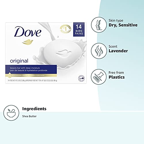Dove Beauty Bar Gentle Skin Cleanser Moisturizing for Gentle Soft Skin Care Original Made With 1/4 Moisturizing Cream, 3.75 Ounce (Pack of 14)