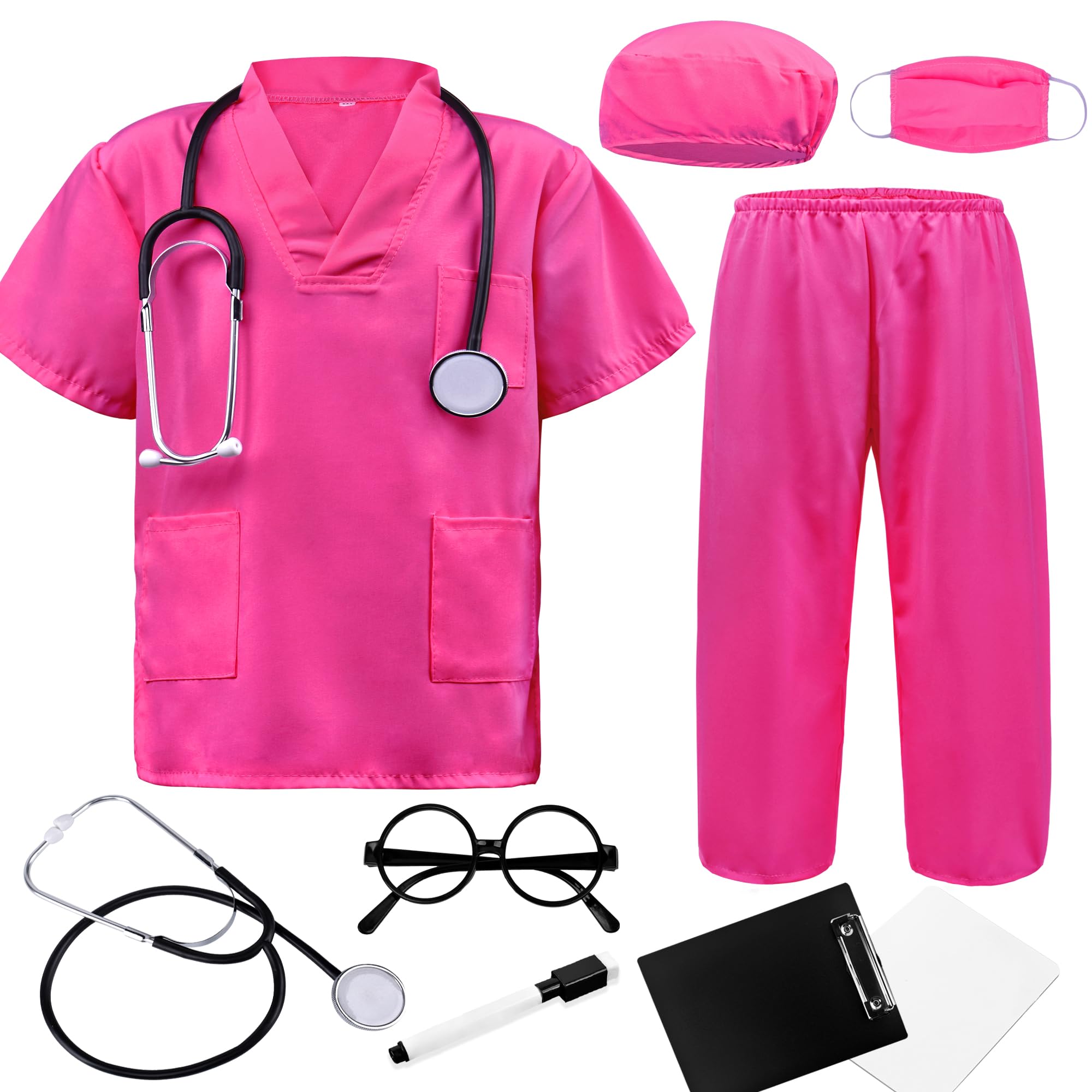 ZZIHAN Doctor Costume for Kids Rose Scrubs Sets Nurse Scrubs Costume Veterinarian Costume Doctor Coat Accessories Toys Stethoscope Nursing Clipboards Girl 7-8 Brithday Party Halloween Dress Up