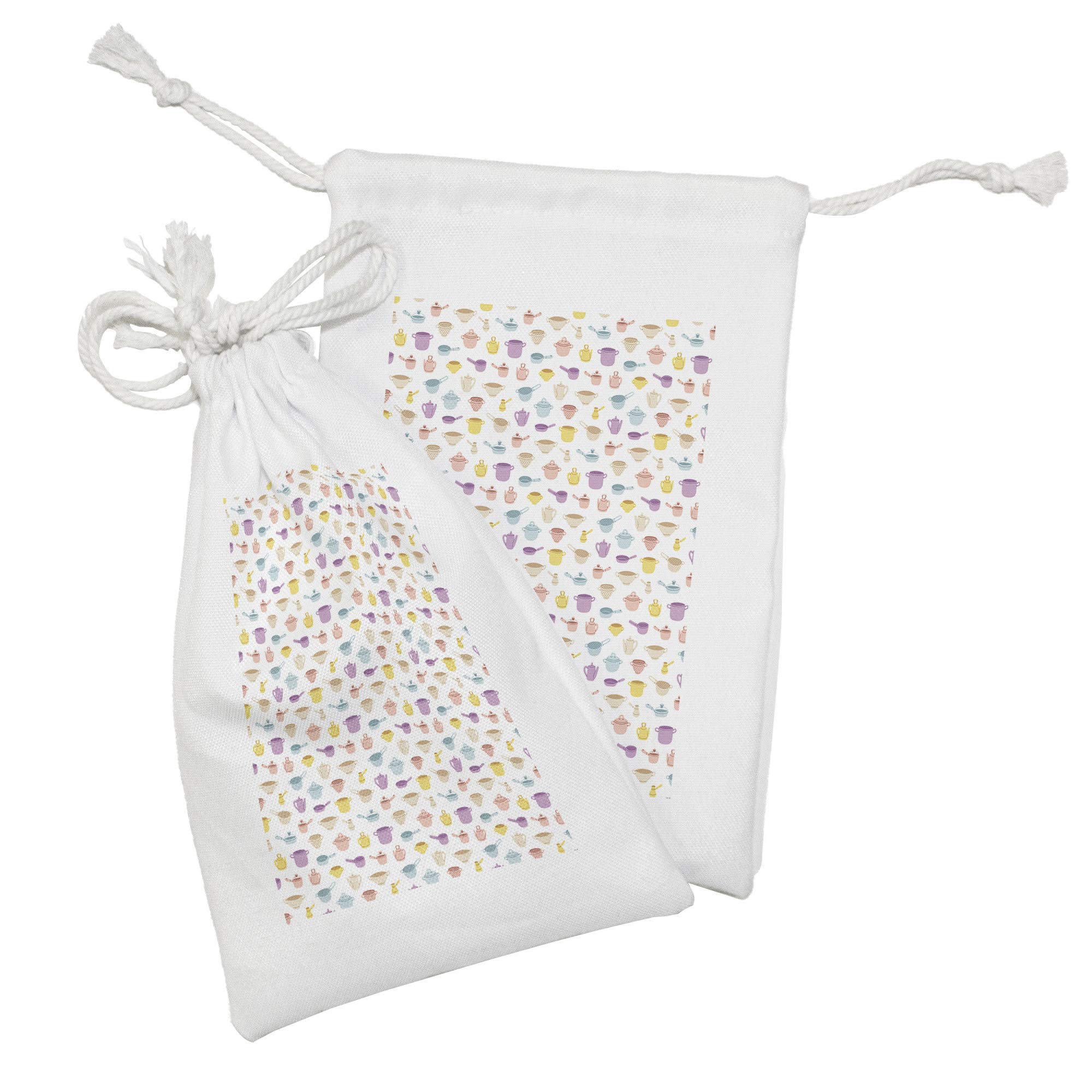 Ambesonne Kitchen Fabric Pouch Set of 2, Colorful Cooking Pots Teapot Food Tools Frying Pan Household Utensils Tableware, Small Drawstring Bag for Toiletries Masks and Favors, 9" x 6", Multicolor