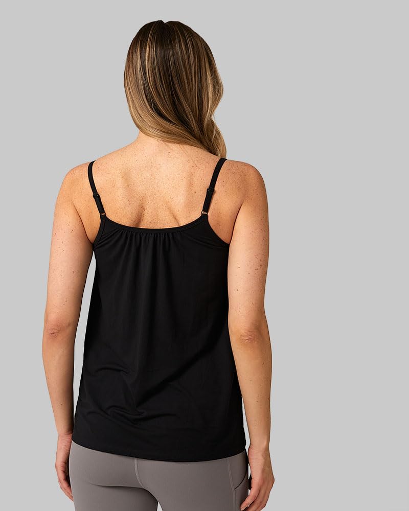32 Degrees Cool Womens Shirred Flowly Relaxed Lounge Built-in Cups Shelf Bra Tank Cami, Black, Small