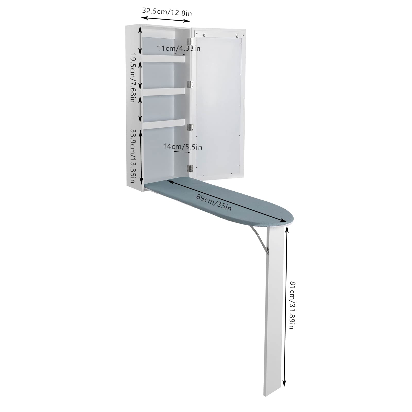 Wall Mount Ironing Board, Foldable Hiding 180° Swivel Ironing Board with 4 Spacious Storageshelve, Multifunctional Bathroom Cabinet with Mirror, White Ironing Board Cabinet