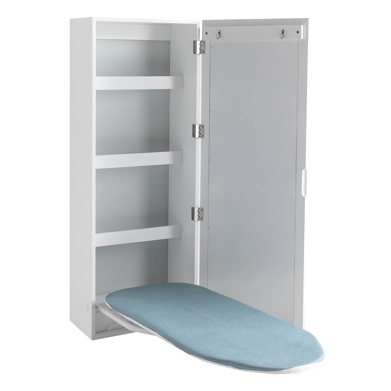 Wall Mount Ironing Board, Foldable Hiding 180° Swivel Ironing Board with 4 Spacious Storageshelve, Multifunctional Bathroom Cabinet with Mirror, White Ironing Board Cabinet
