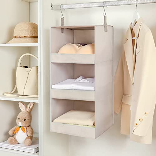 TOPIA HOME 3-Shelf Hanging Closet Organizer, Upgraded Thickened Fabric Hanging Closet Shelves, Collapsible Closet Organizers and Storage Organization, 12.2" W X 12.2" D X 31.0" H, Beige/Gray, 1 Pack