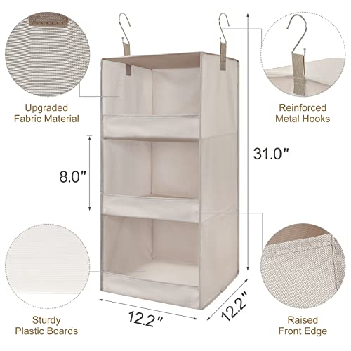 TOPIA HOME 3-Shelf Hanging Closet Organizer, Upgraded Thickened Fabric Hanging Closet Shelves, Collapsible Closet Organizers and Storage Organization, 12.2" W X 12.2" D X 31.0" H, Beige/Gray, 1 Pack
