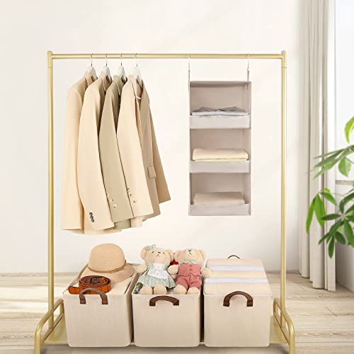 TOPIA HOME 3-Shelf Hanging Closet Organizer, Upgraded Thickened Fabric Hanging Closet Shelves, Collapsible Closet Organizers and Storage Organization, 12.2" W X 12.2" D X 31.0" H, Beige/Gray, 1 Pack