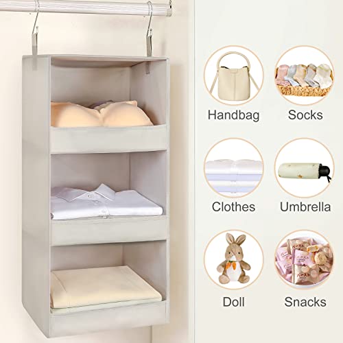 TOPIA HOME 3-Shelf Hanging Closet Organizer, Upgraded Thickened Fabric Hanging Closet Shelves, Collapsible Closet Organizers and Storage Organization, 12.2" W X 12.2" D X 31.0" H, Beige/Gray, 1 Pack