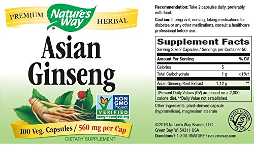 Nature's Way Asian Ginseng 560 Milligrams, 100 Vegetarian Capsules Pack of 2 Bottles