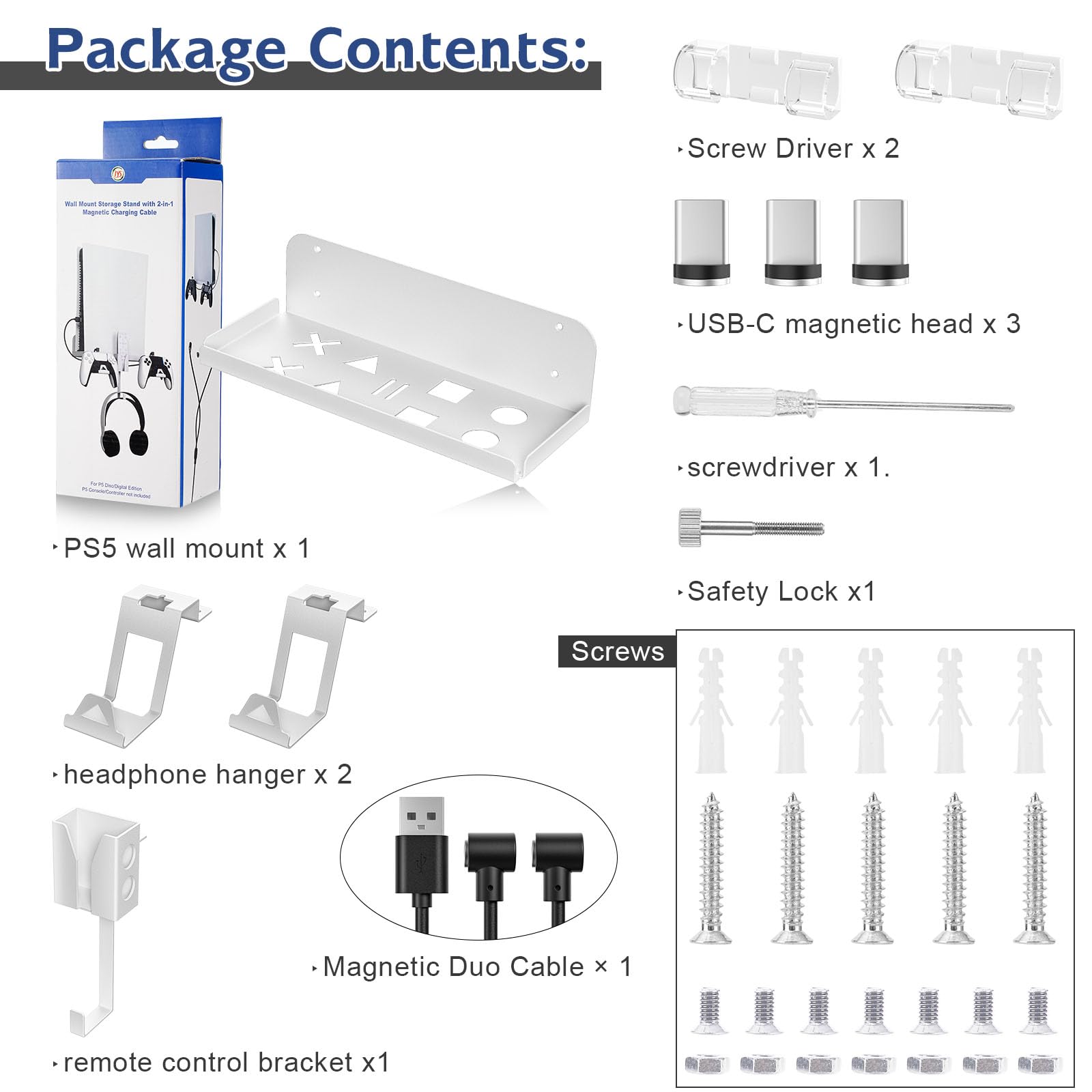 ROCHIE PS5 Wall Mount Bracket PS5 Wall Stand with 2-in-1 Magnetic Charging Cable for Playstation 5 Disc/Digital Edition, with Detachable Controller Holder & Headphone Hanger White
