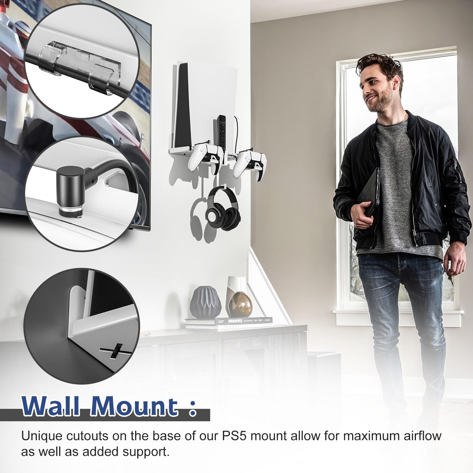 ROCHIE PS5 Wall Mount Bracket PS5 Wall Stand with 2-in-1 Magnetic Charging Cable for Playstation 5 Disc/Digital Edition, with Detachable Controller Holder & Headphone Hanger White