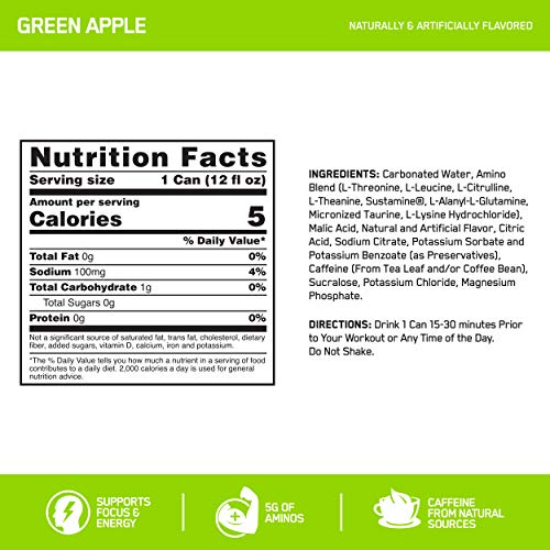 Optimum Nutrition Amino Energy Drink Plus Electrolytes for Hydration, Sugar Free, Caffeine for Pre-Workout Energy and Amino Acids / BCAAs for Post-Workout Recovery - Green Apple, 12 Fl Oz (Pack of 12)