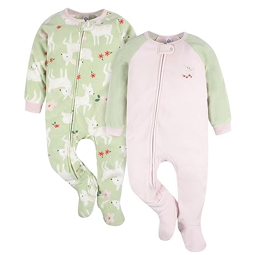 Gerber Baby Girls Flame Resistant Fleece Footed Pajamas 2-Pack, Pink Deer, 6-9 Months