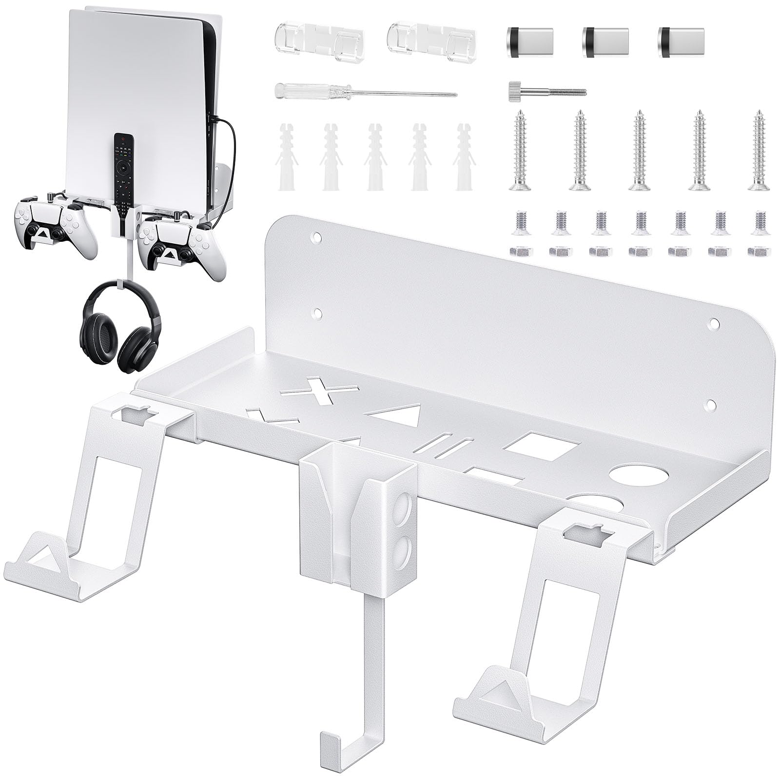 ROCHIE PS5 Wall Mount Bracket PS5 Wall Stand with 2-in-1 Magnetic Charging Cable for Playstation 5 Disc/Digital Edition, with Detachable Controller Holder & Headphone Hanger White