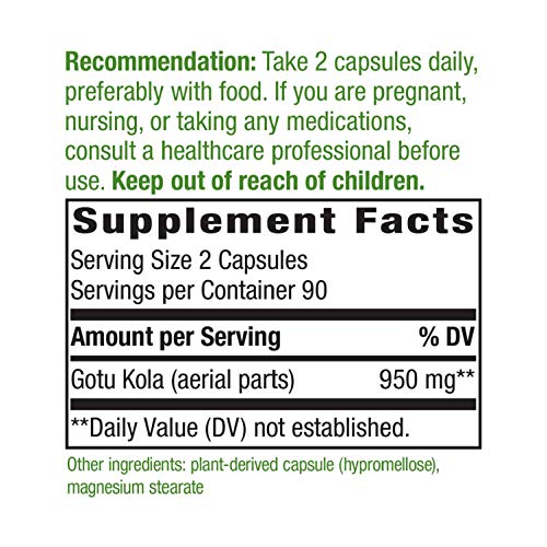 Nature's Way Premium Herbal Gotu Kola Herb, 950 mg per serving, 180 VCaps
