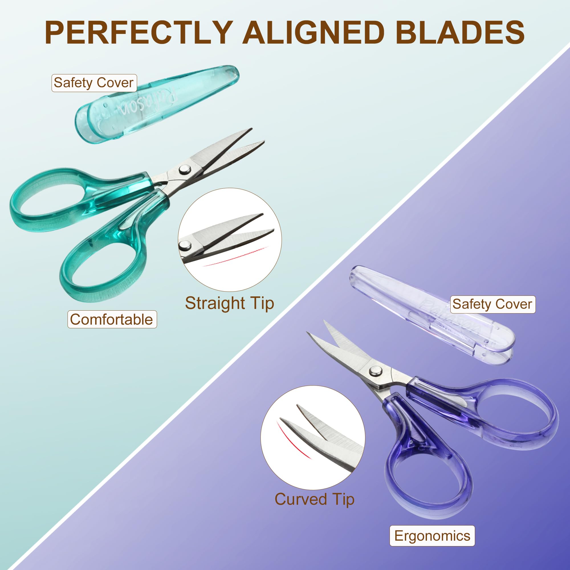 PAFASON Sharpest & Precise Stainless Steel Curved Straight Thread Yarn Fabric Cutting Mini Scissors with Protective Cover - Ideal for Embroidery Quilting Sewing Knitting Crafting Cross Stitch Crochet