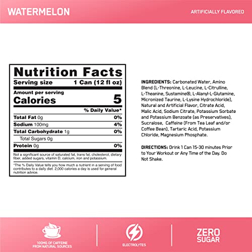 Optimum Nutrition Amino Energy Drink + Electrolytes for Hydration - Sugar Free, Amino Acids, BCAA, Keto Friendly, Sparkling Drink - Watermelon, 12 Fl Oz (Pack of 12) - Packaging May Vary