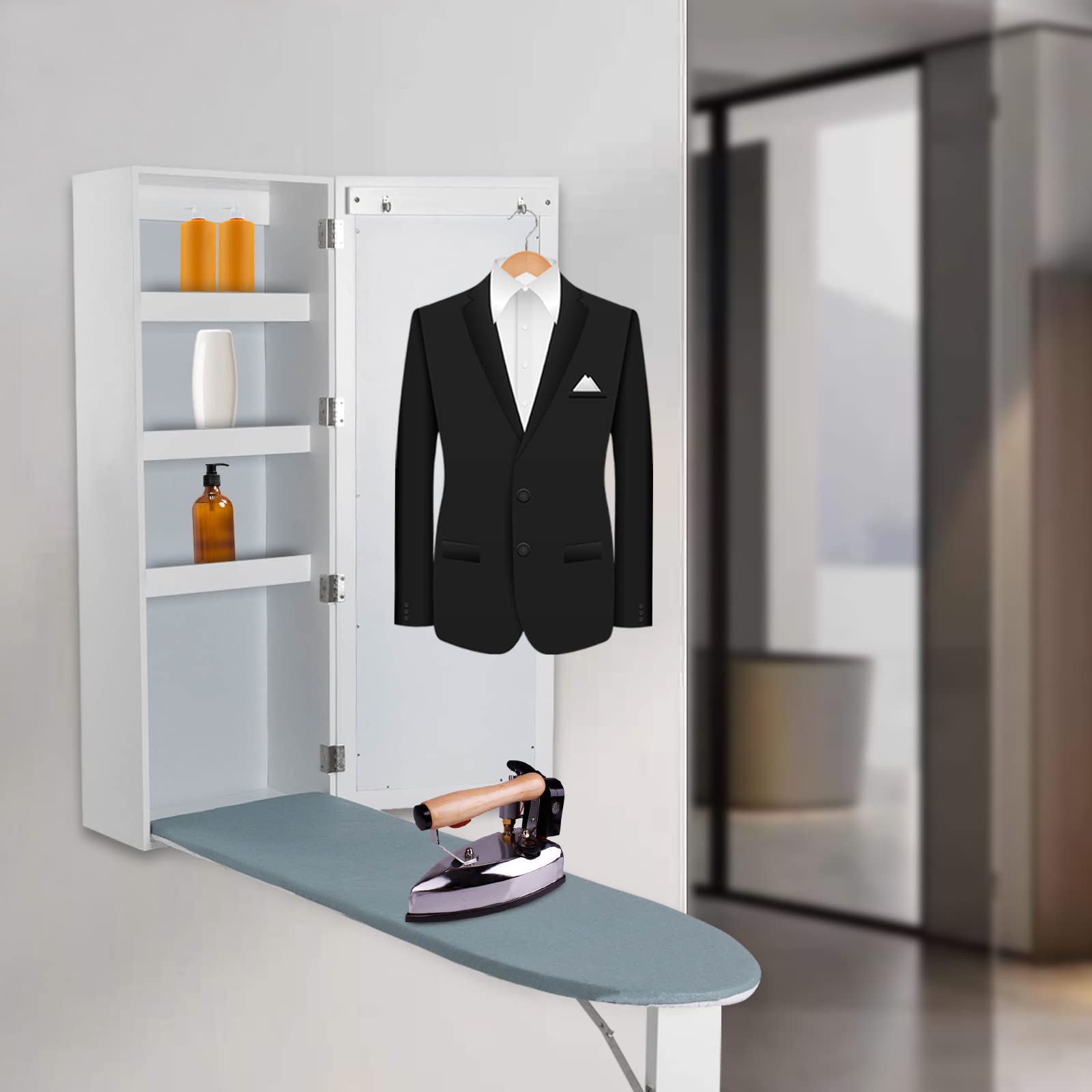 HuaShuani Wall Mounted Ironing Board with Storage Cabinet, Built in Ironing Board & Folding Support Leg/Swivel Ironing Board, Wall-Mounted Mirrors for Home, Apartment & Small Spaces, White
