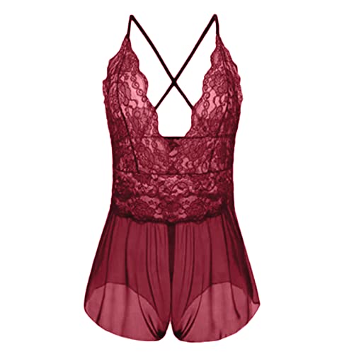 Aniywn Women One Piece Lingerie Deep V Teddy Sexy Lace Bodysuit Onesie Lingerie Sexy Solid Lace Camis Romper Pajamas Wine