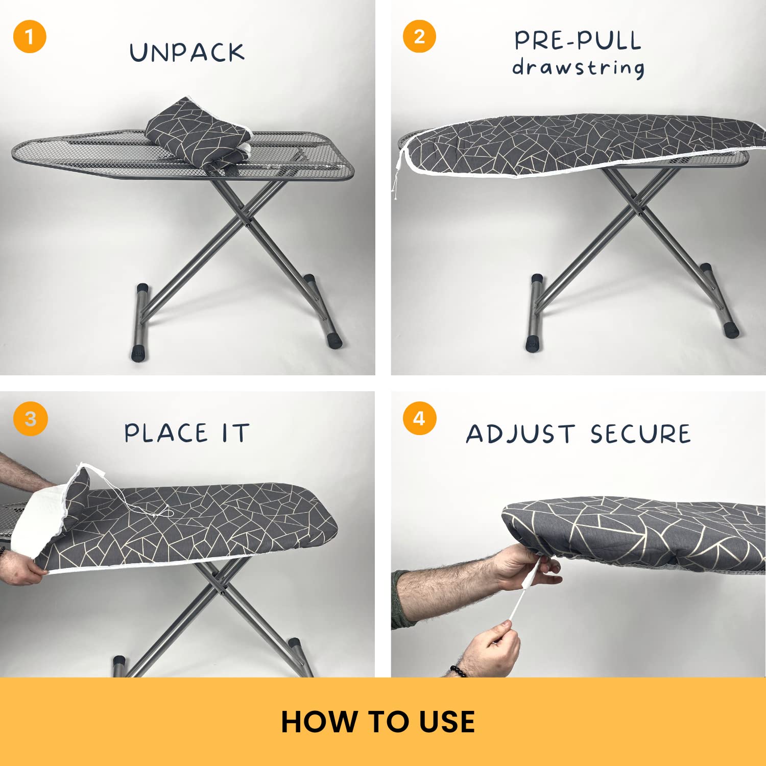 SAVUK Ironing Board and Cover Drawstring Tightening with Thick Felt Padding Scorch Resistant Easy Fit Heavy Reflective Duty Adjustable 3 Layer Standart Size 15x54 inch(Geometric Grey)