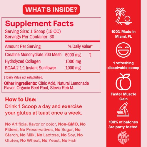 Peach Perfect Creatine for Women Booty Gain, Muscle Builder, Energy Boost, Pink Lemonade, Cognition Aid | Collagen, BCAA, lean muscle, Creatine Monohydrate Micronized Powder, Alt Creapure, 30 Servings