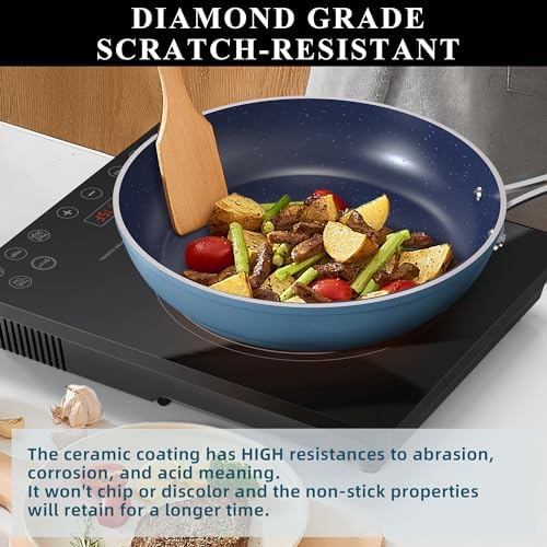 Nuwave Healthy Duralon Blue Ceramic Nonstick Cookware Set, Diamond Infused Scratch-Resistant, PFAS Free, Dishwasher & Oven Safe, Induction Ready & Evenly Heats, Tempered Glass Lids & Stay-Cool Handles
