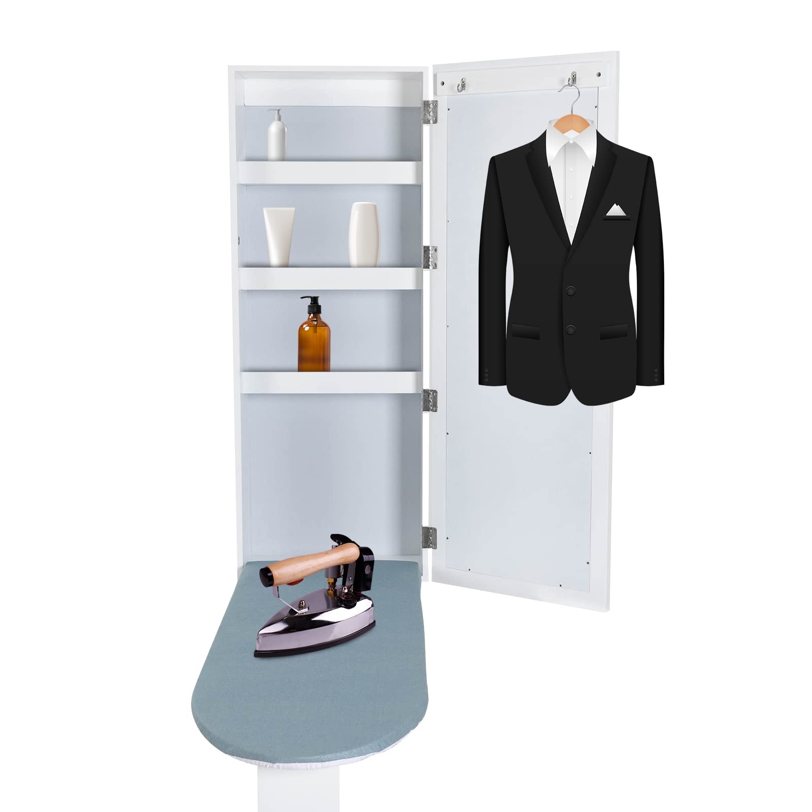 HuaShuani Wall Mounted Ironing Board with Storage Cabinet, Built in Ironing Board & Folding Support Leg/Swivel Ironing Board, Wall-Mounted Mirrors for Home, Apartment & Small Spaces, White