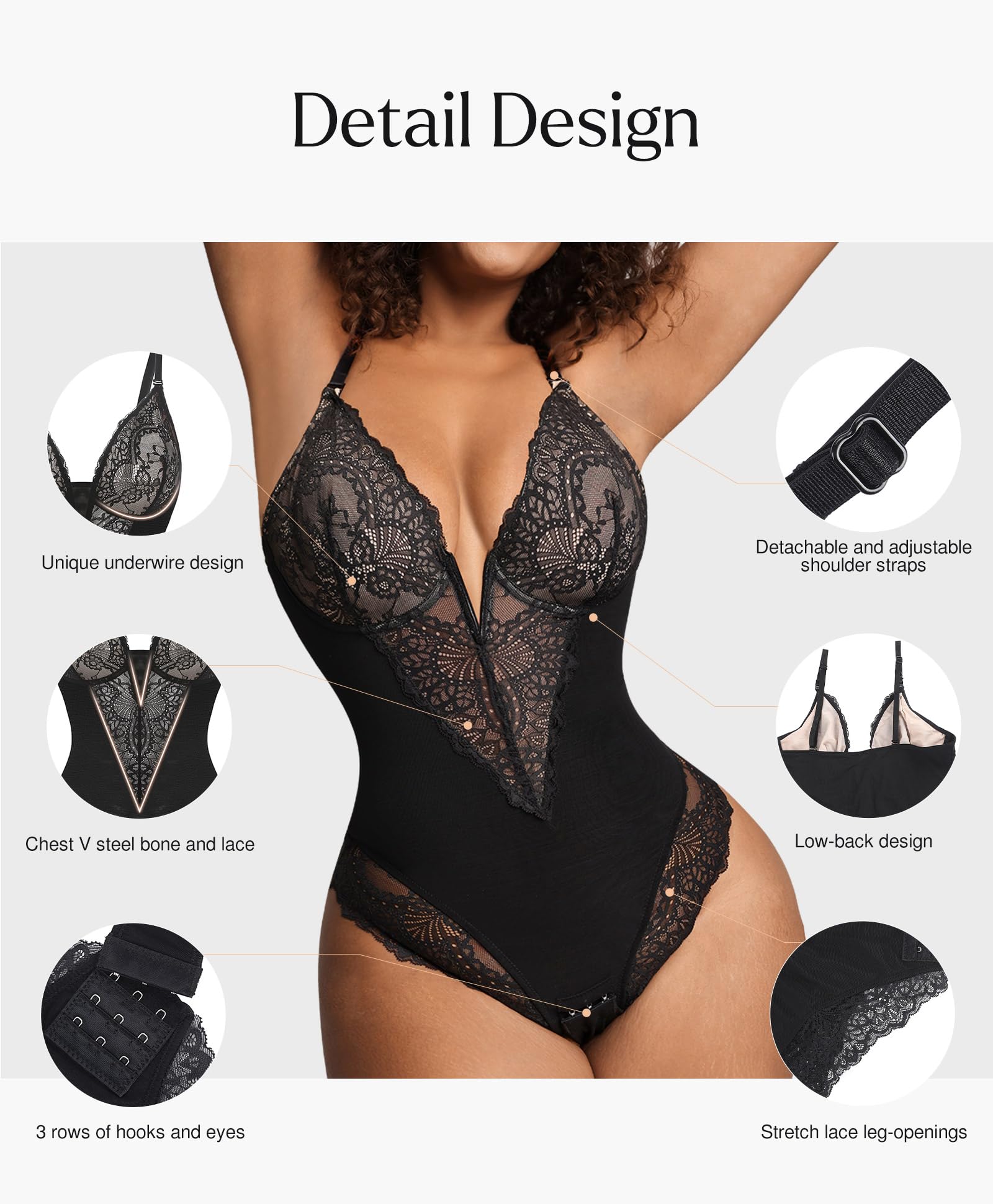Popilush Shapewear Tummy Control Lace Bodysuits for Women Low Back Sleeveless V Neck Body Shaper Black XL