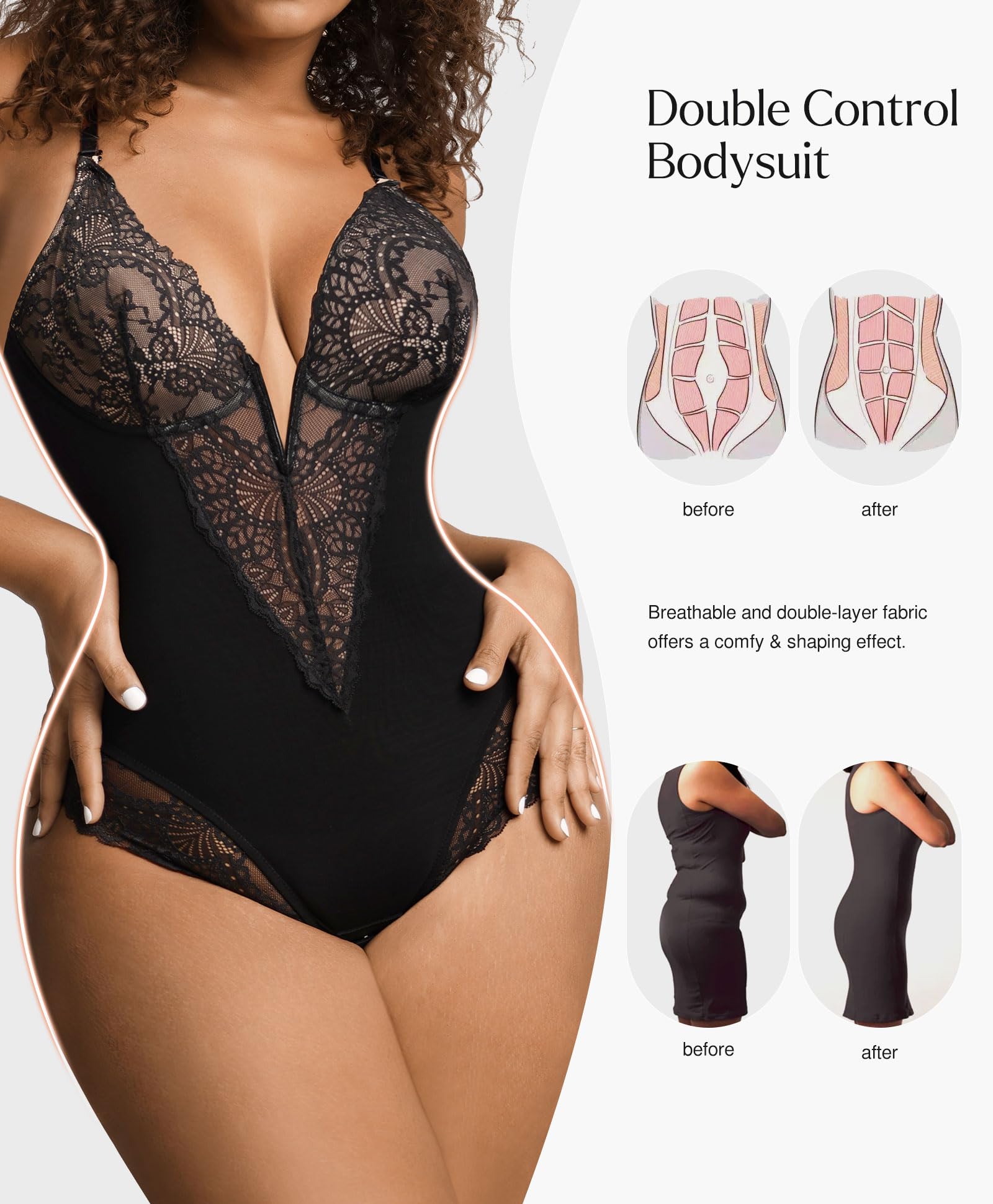Popilush Shapewear Tummy Control Lace Bodysuits for Women Low Back Sleeveless V Neck Body Shaper Black XL