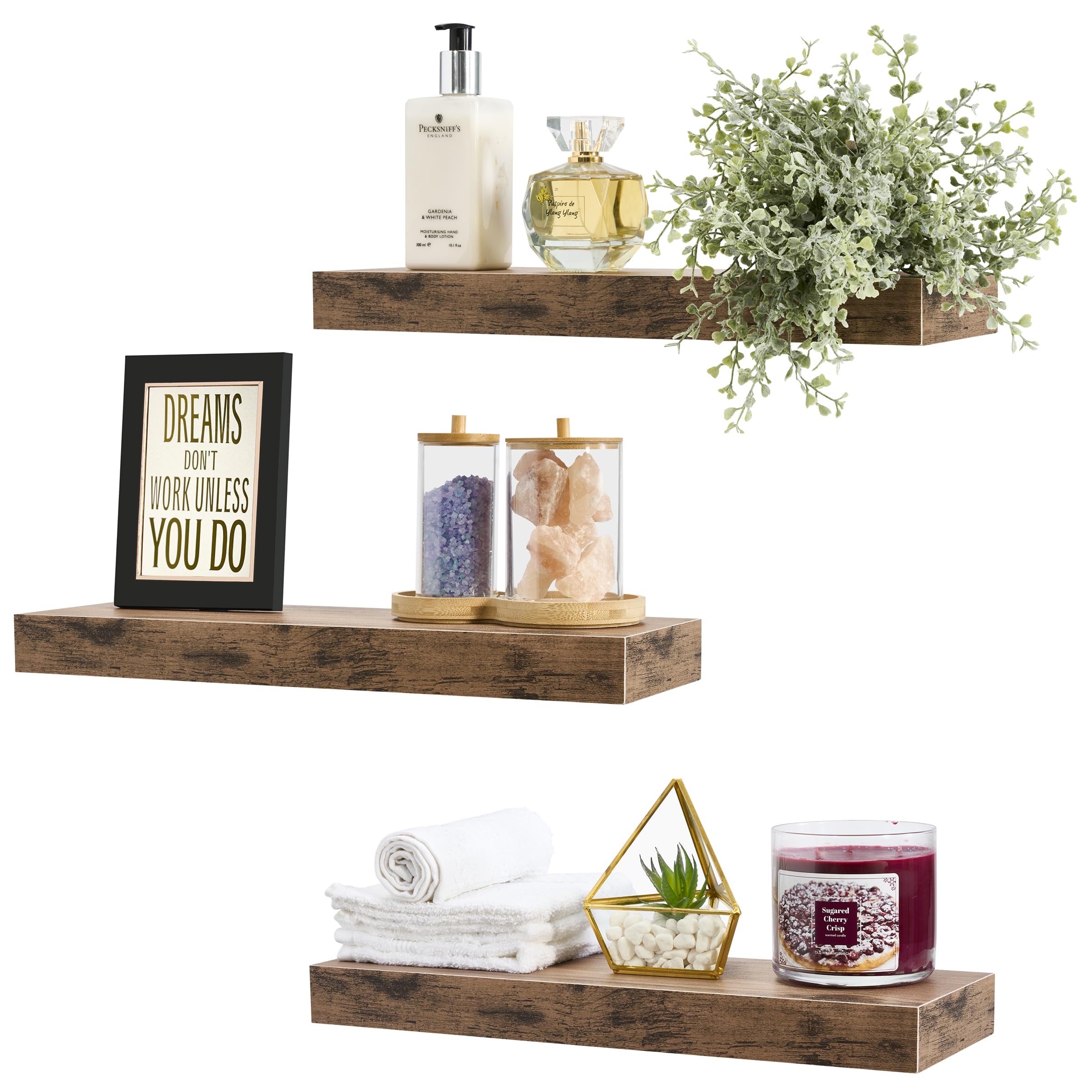 Sorbus Floating Shelves for Wall, Bathroom Shelves Wall Mounted for Kitchen, Bedroom, Bathroom Storage Over Toilet, Hanging Book Shelf for Wall Home Decor Living Room (Mahogany, 3 Pack)