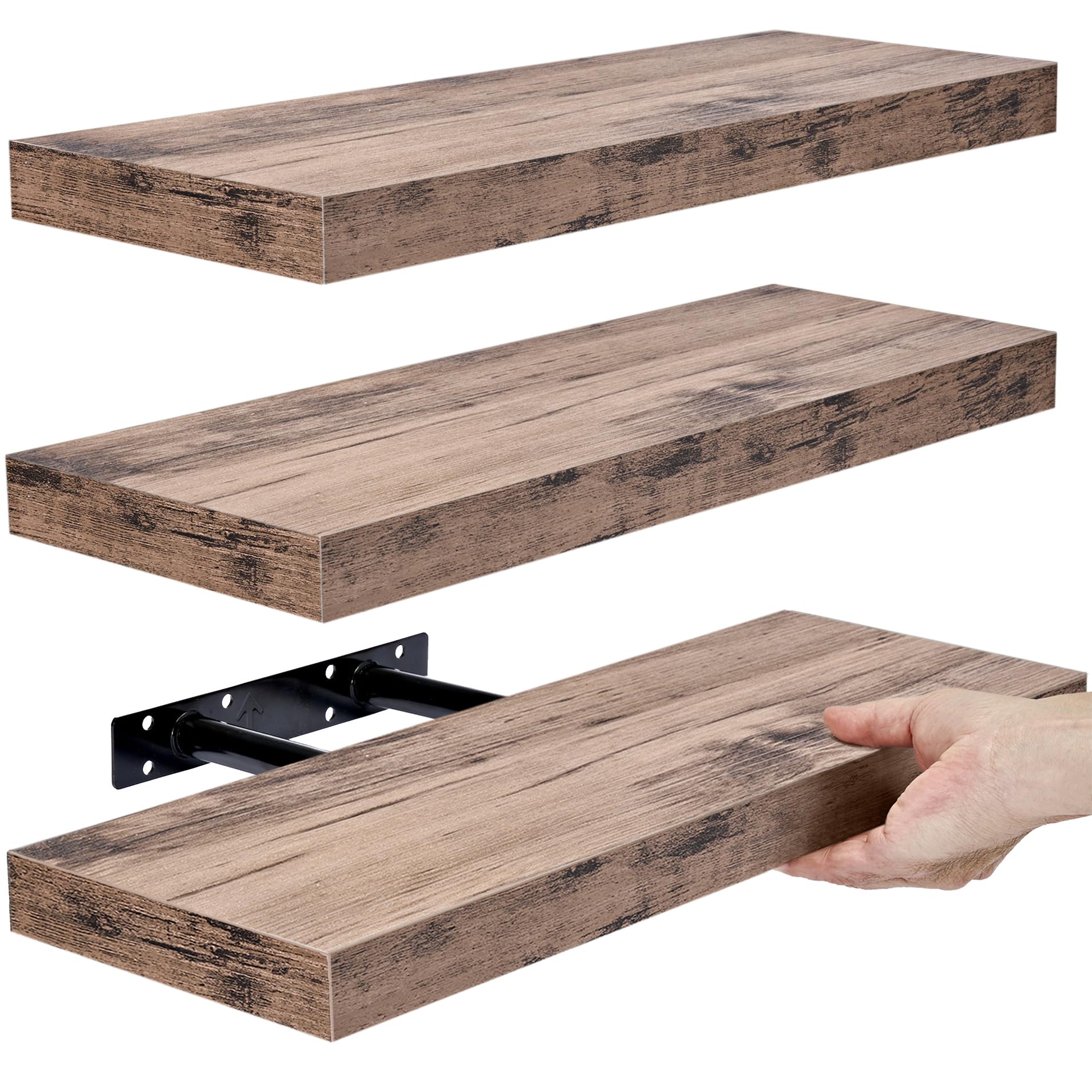 Sorbus Floating Shelves for Wall, Bathroom Shelves Wall Mounted for Kitchen, Bedroom, Bathroom Storage Over Toilet, Hanging Book Shelf for Wall Home Decor Living Room (Mahogany, 3 Pack)