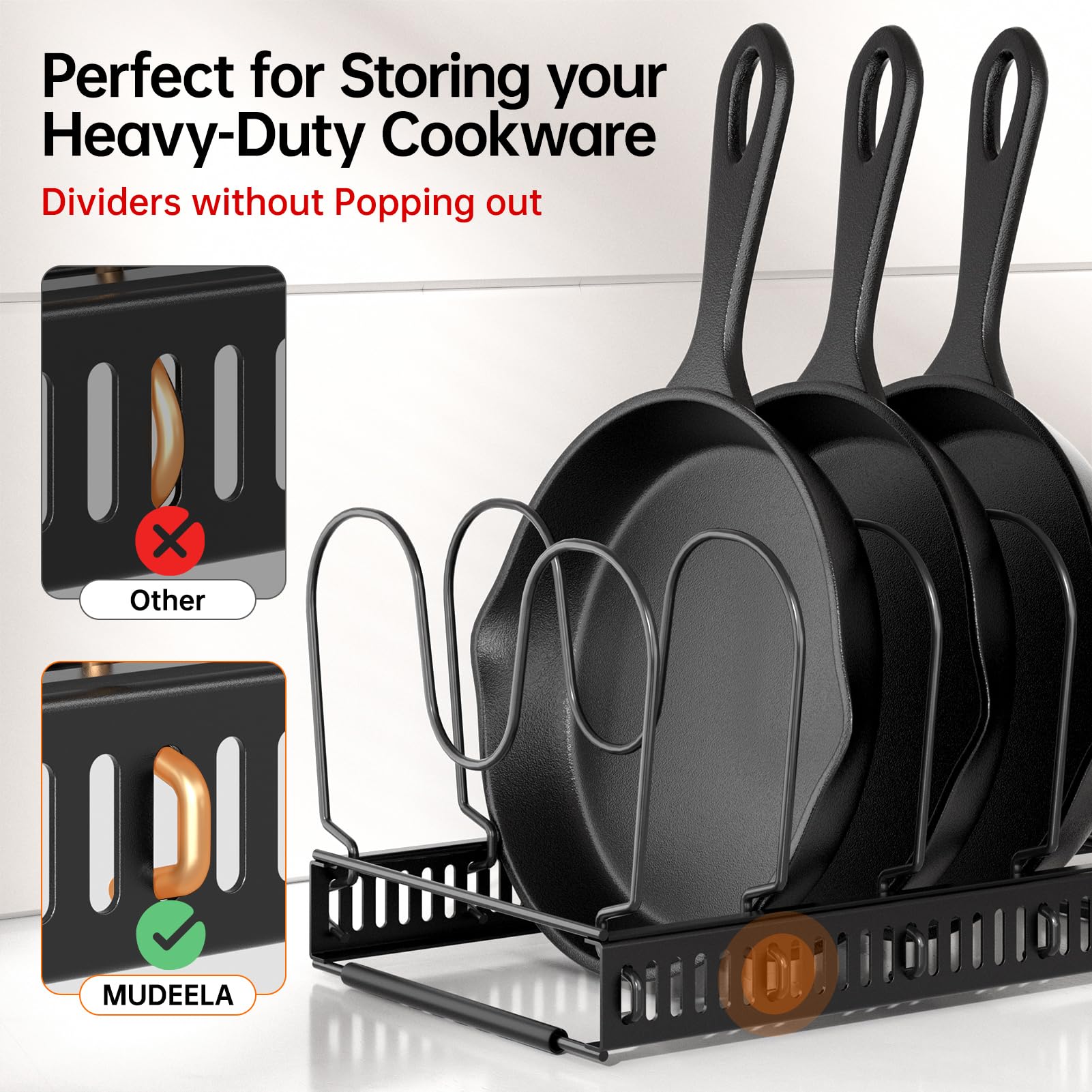 MUDEELA Expandable Pots and Pans Organizer Rack under Cabinet, Pots Lid Organizer Rack for Kitchen Cabinet Organizers and Storage with 12 Adjustable Dividers and Anti-scratch Strip