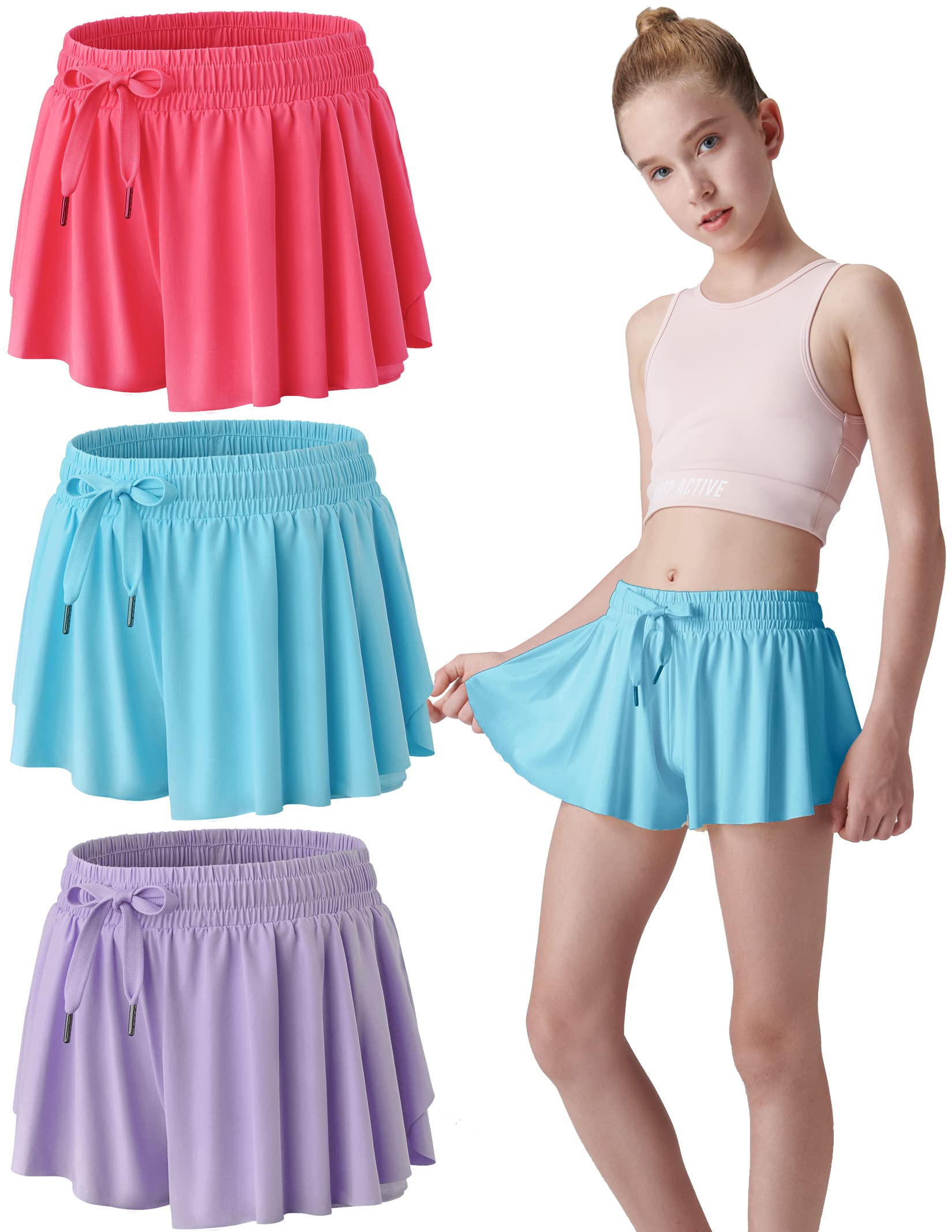 3 Pack Girls Flowy Shorts with Spandex Liner 2-in-1 Youth Butterfly Skirts for Fitness, Running, Sports (Set 4, Youth Medium)