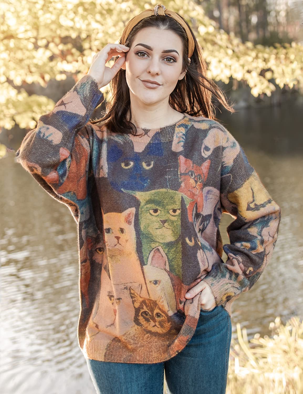 YESNO Women Christmas Sweater Graphic Printed Oversized Pullover Sweaters Casual Loose Knit Tops XL S01 CR01