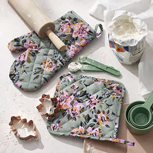 Vera Bradley Women's Cotton Pot Holder & Oven Mitt Set, Rosy Outlook, One Size