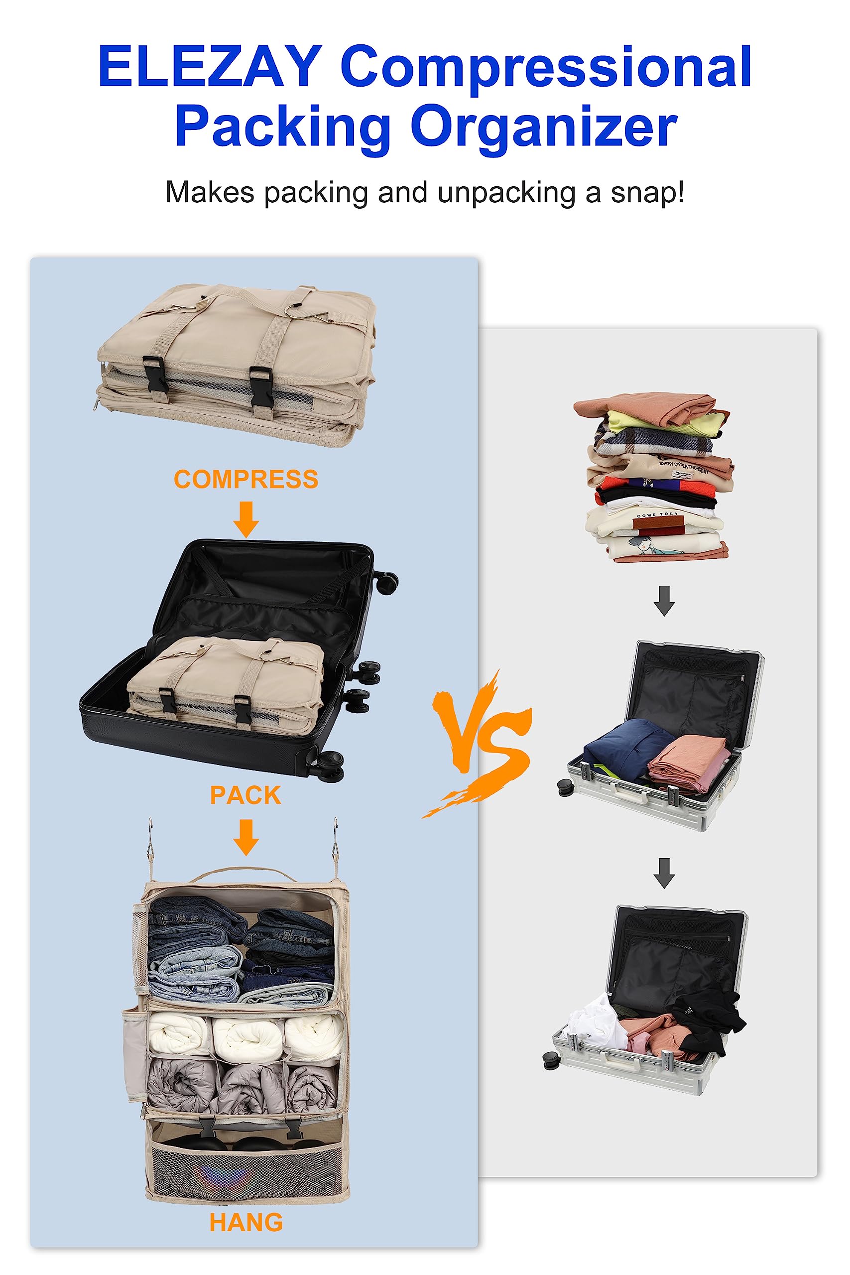 ELEZAY Hanging Packing Cubes Portable Closet 3-Shelf Travel Collapsible Compression Garment Organizer for Carry-on Luggage Suitcase Space Saver Bag XX-Large_No Side Pockets, Beige