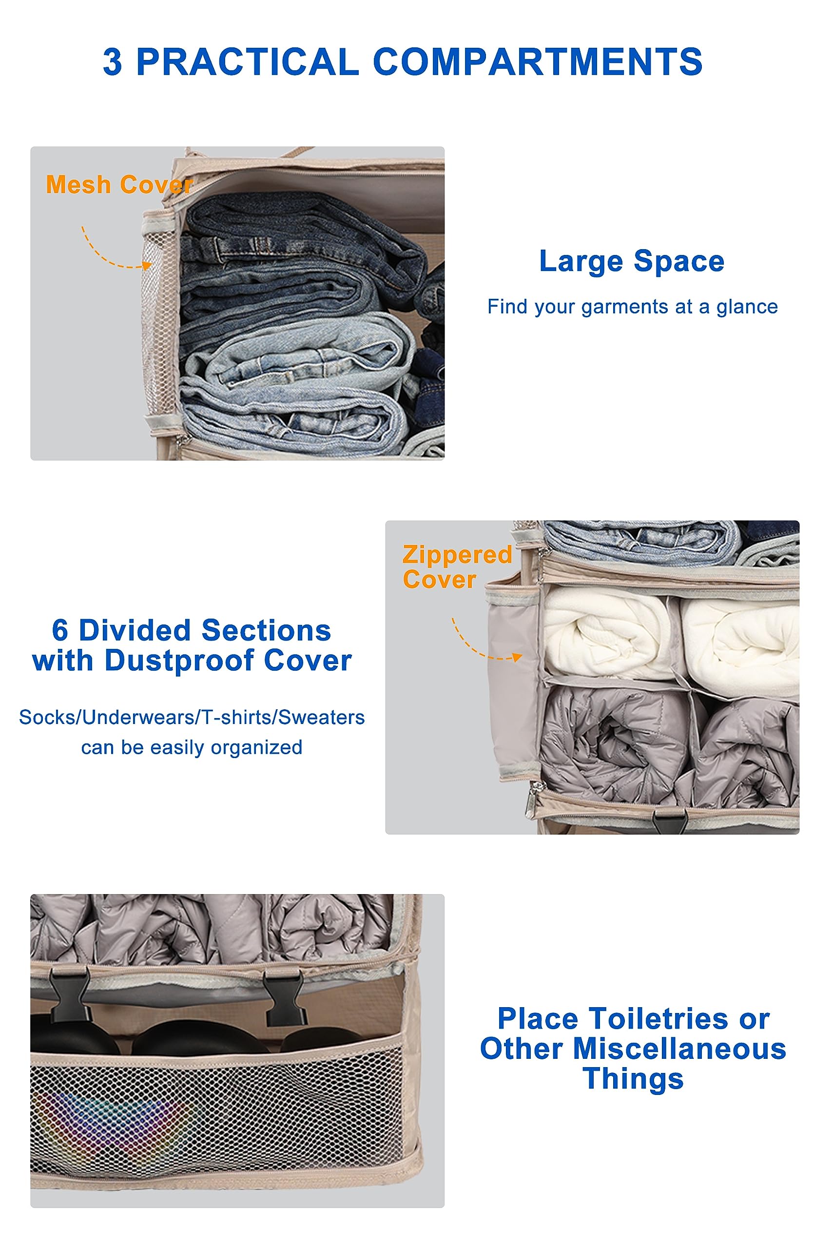 ELEZAY Hanging Packing Cubes Portable Closet 3-Shelf Travel Collapsible Compression Garment Organizer for Carry-on Luggage Suitcase Space Saver Bag XX-Large_No Side Pockets, Beige