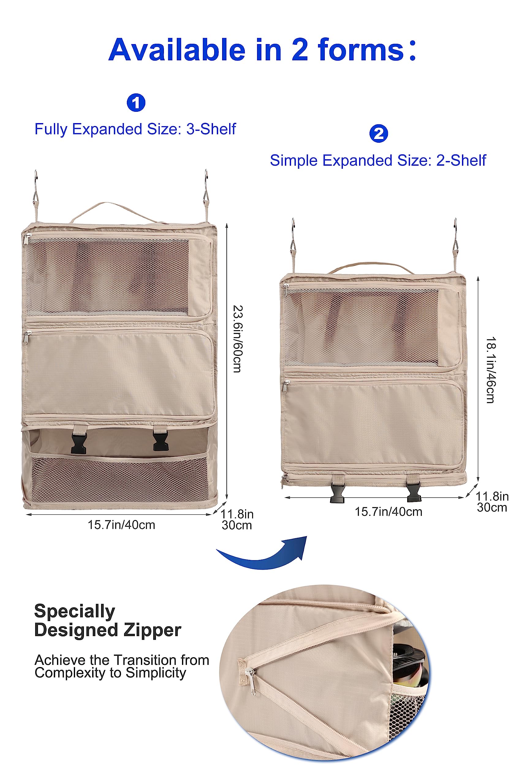 ELEZAY Hanging Packing Cubes Portable Closet 3-Shelf Travel Collapsible Compression Garment Organizer for Carry-on Luggage Suitcase Space Saver Bag XX-Large_No Side Pockets, Beige