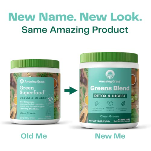 Amazing Grass Greens Blend Detox & Digest: Smoothie Mix, Cleanse with Super Greens Powder, Digestive Enzymes & Probiotics, Clean Green, 30 Servings (Packaging May Vary)