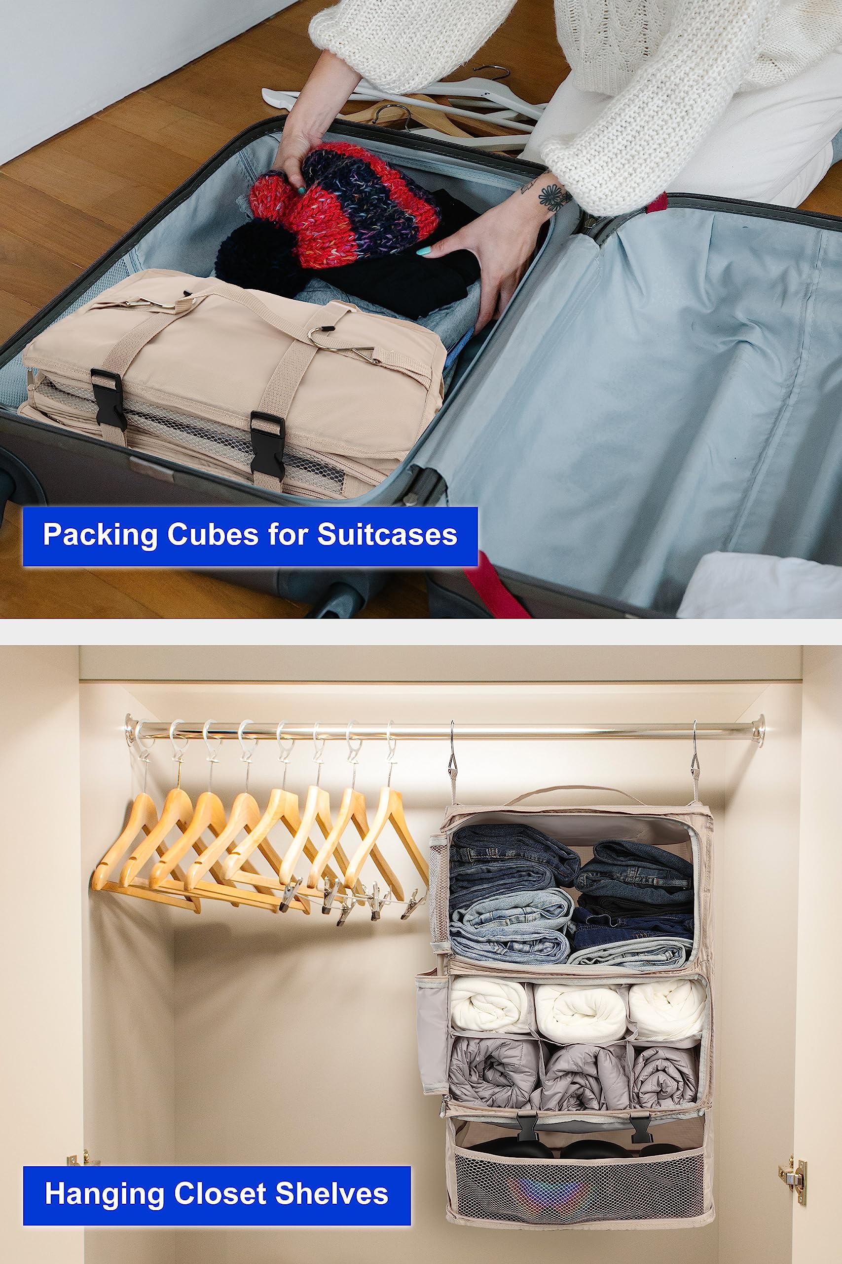 ELEZAY Hanging Packing Cubes Portable Closet 3-Shelf Travel Collapsible Compression Garment Organizer for Carry-on Luggage Suitcase Space Saver Bag XX-Large_No Side Pockets, Beige