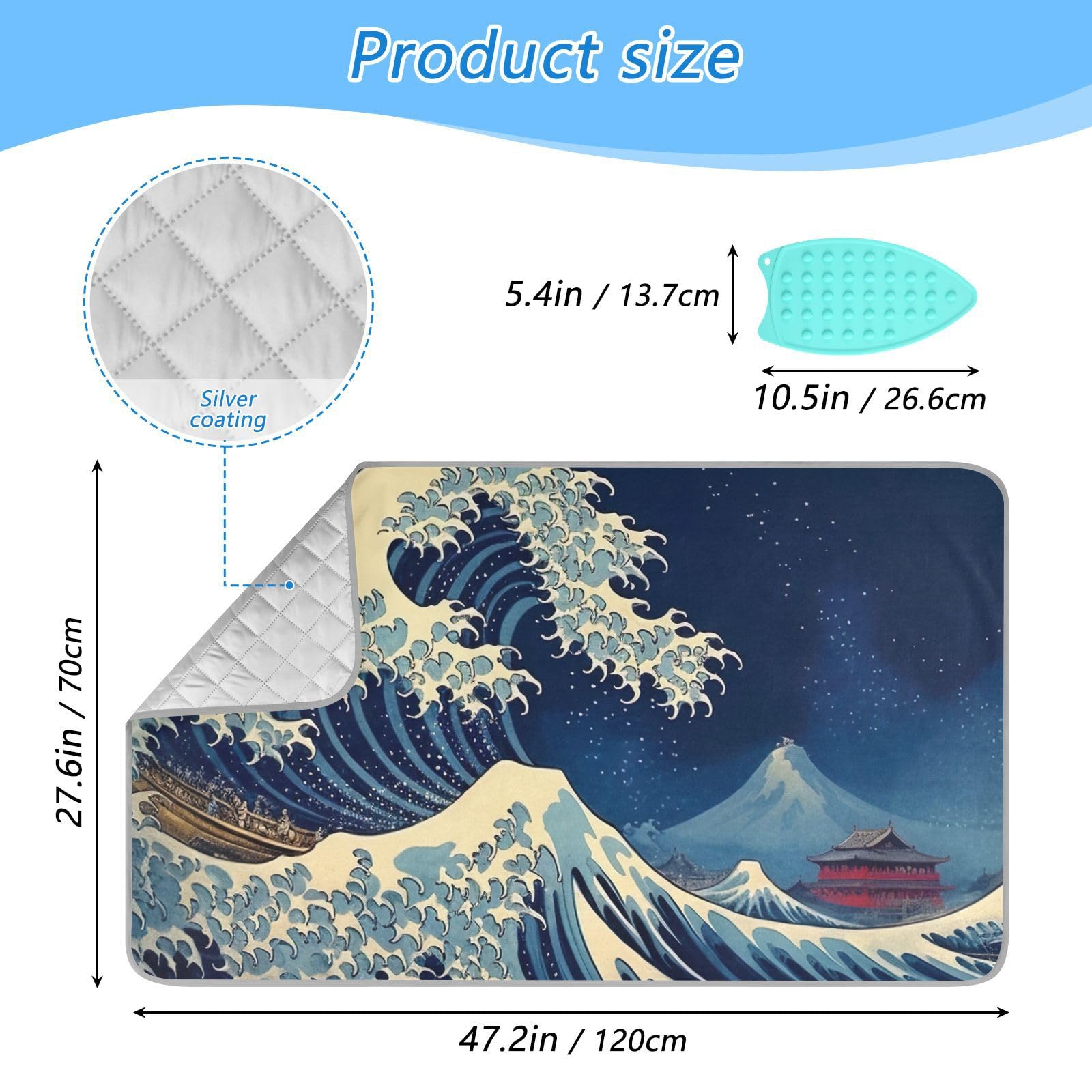 GOODOLD Japanese Waves Ironing Mat Portable Travel Ironing Pad for Washer,Dryer,Table Top, Iron Board Alternative Cover, Large Heat Resistant Ironing Blanket