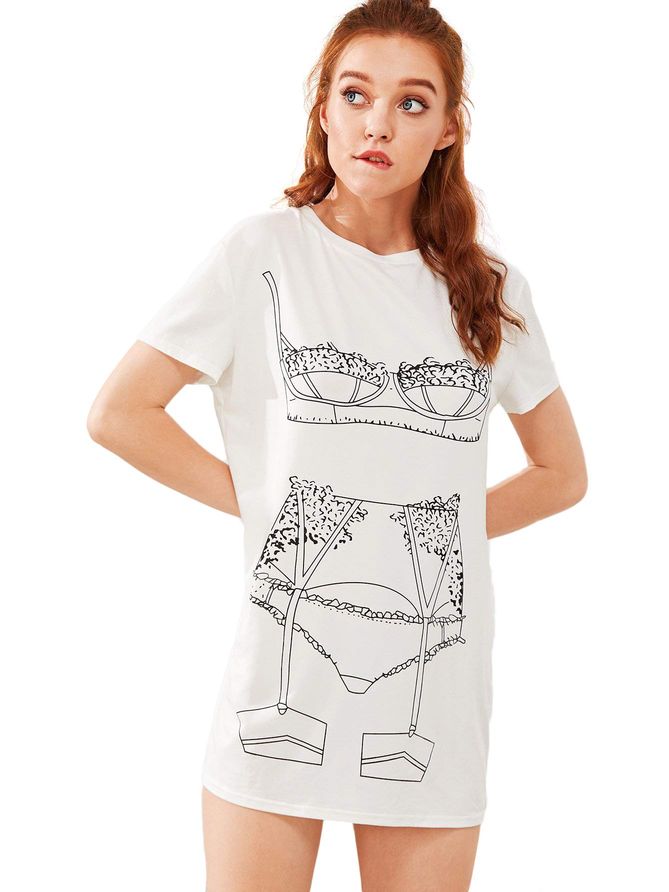 Floerns Women's Funny Lingerie Nightgown Cute Print Tshirt Sleepdress White S