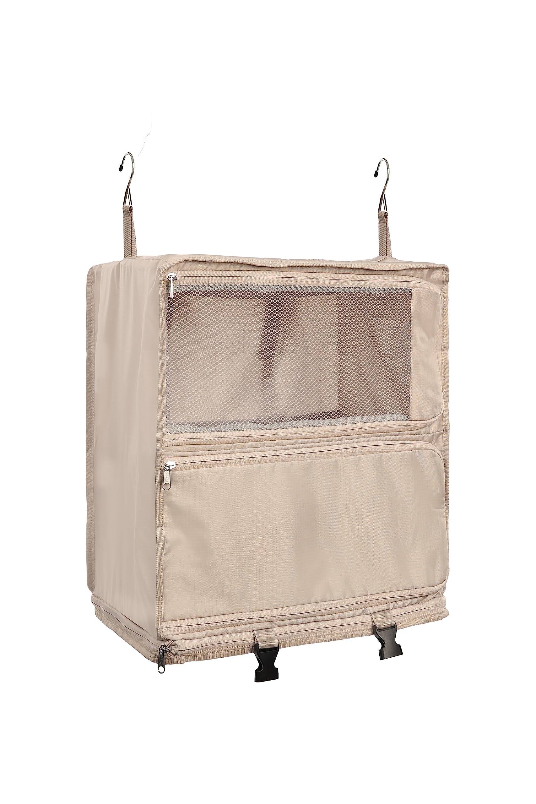 ELEZAY Hanging Packing Cubes Portable Closet 3-Shelf Travel Collapsible Compression Garment Organizer for Carry-on Luggage Suitcase Space Saver Bag XX-Large_No Side Pockets, Beige