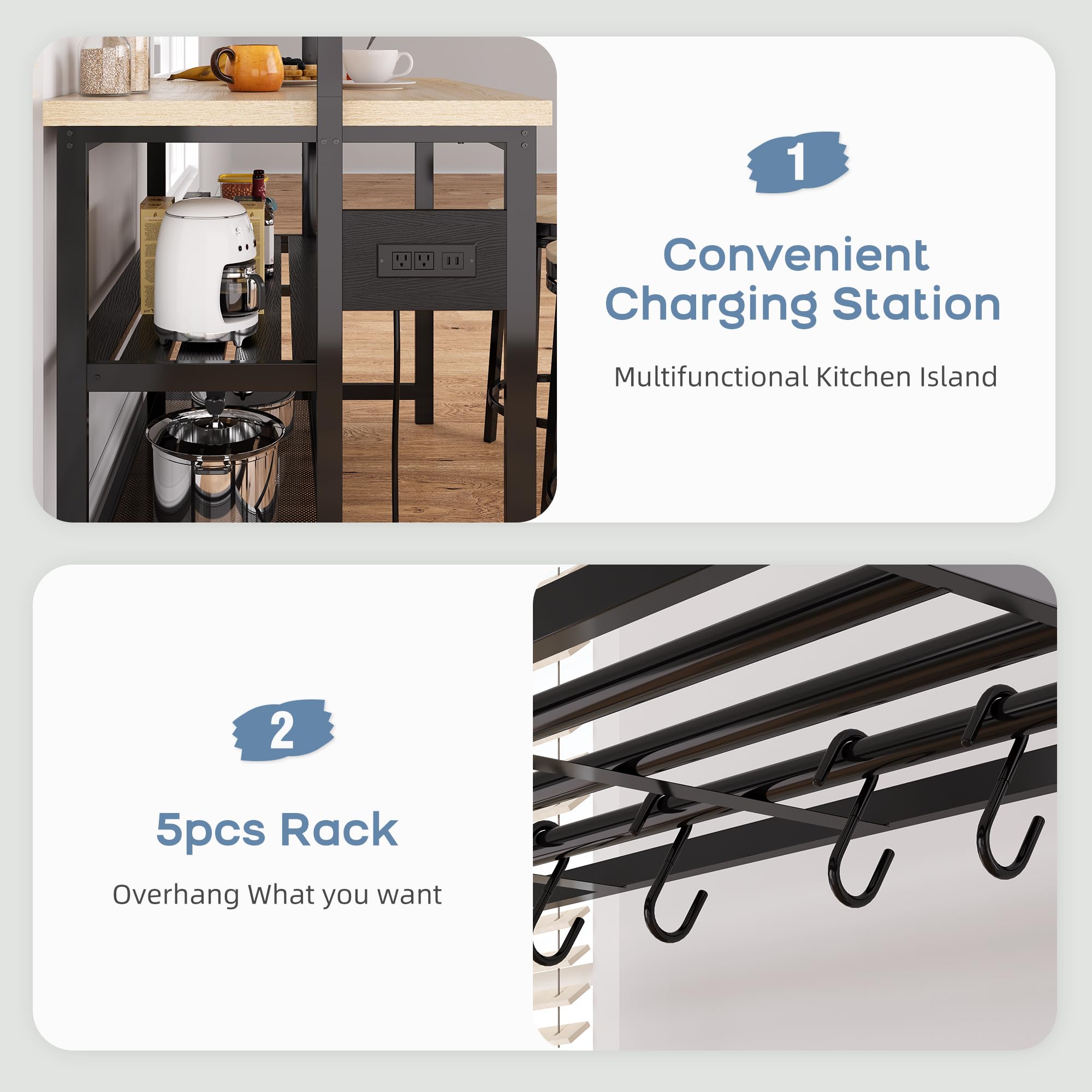 47" Large Kitchen Island Table Bakers Rack with Power Outlet and 3-Tier Storage-Microwave Stand Oven Shelf, Metal Coffee Bar Table ,Kitchen Storage Shelf for Dining Living Room, 5 Hooks,47"*28"*72"