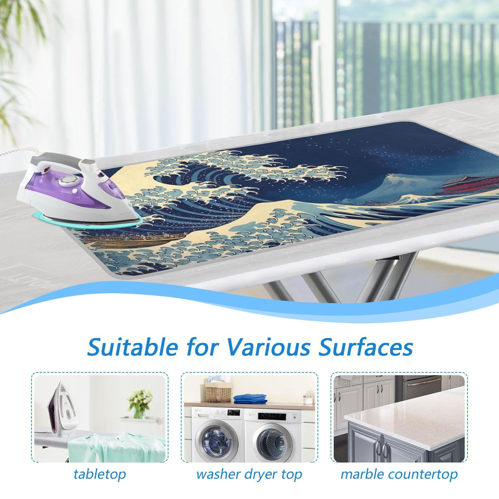 GOODOLD Japanese Waves Ironing Mat Portable Travel Ironing Pad for Washer,Dryer,Table Top, Iron Board Alternative Cover, Large Heat Resistant Ironing Blanket