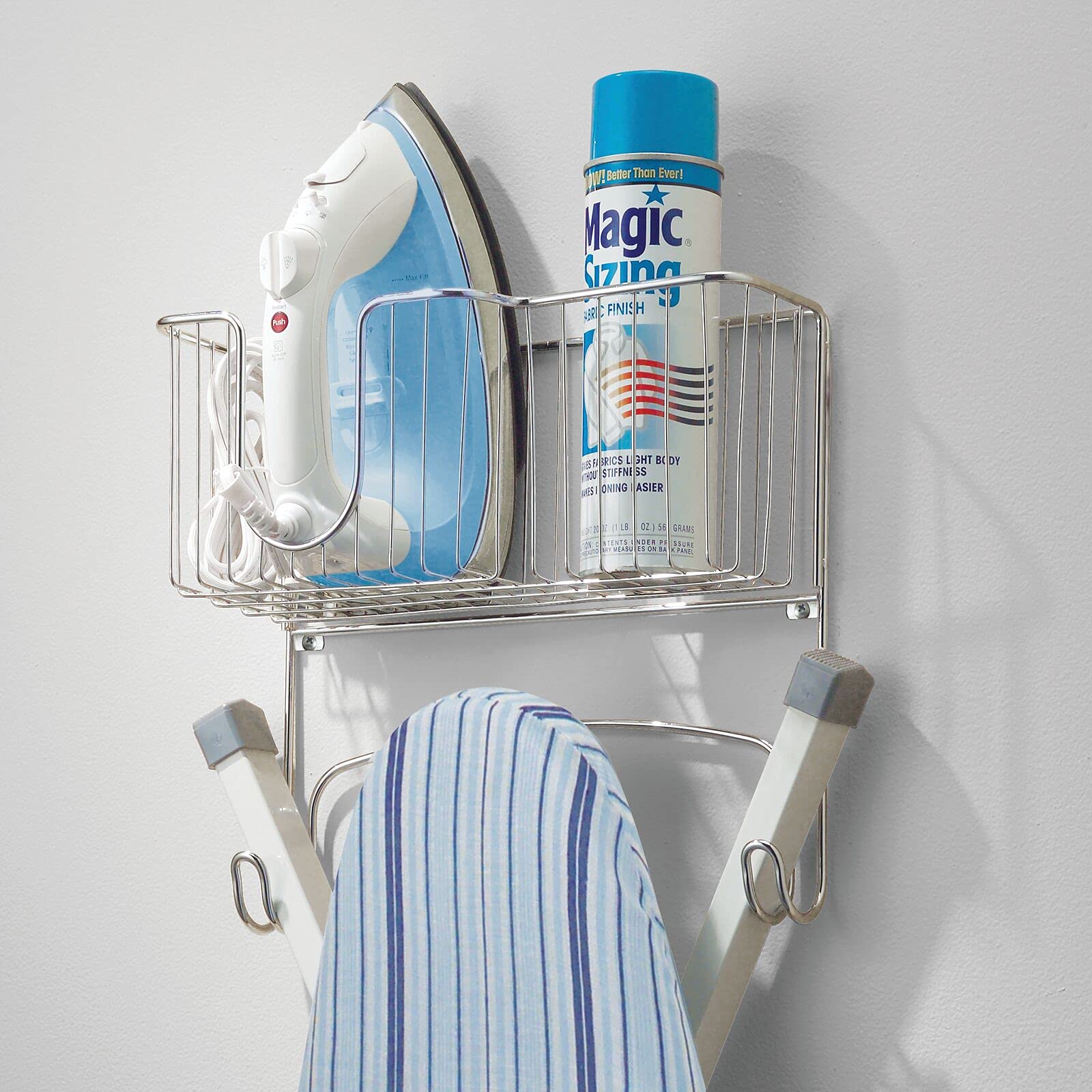 mDesign Metal Steel Ironing Board Holder Wall Mount with Large Storage Basket for Laundry Rooms - Holds Iron, Ironing Board, Spray Bottles, Starch, or Stain Sticks - Easy Installation - Chrome