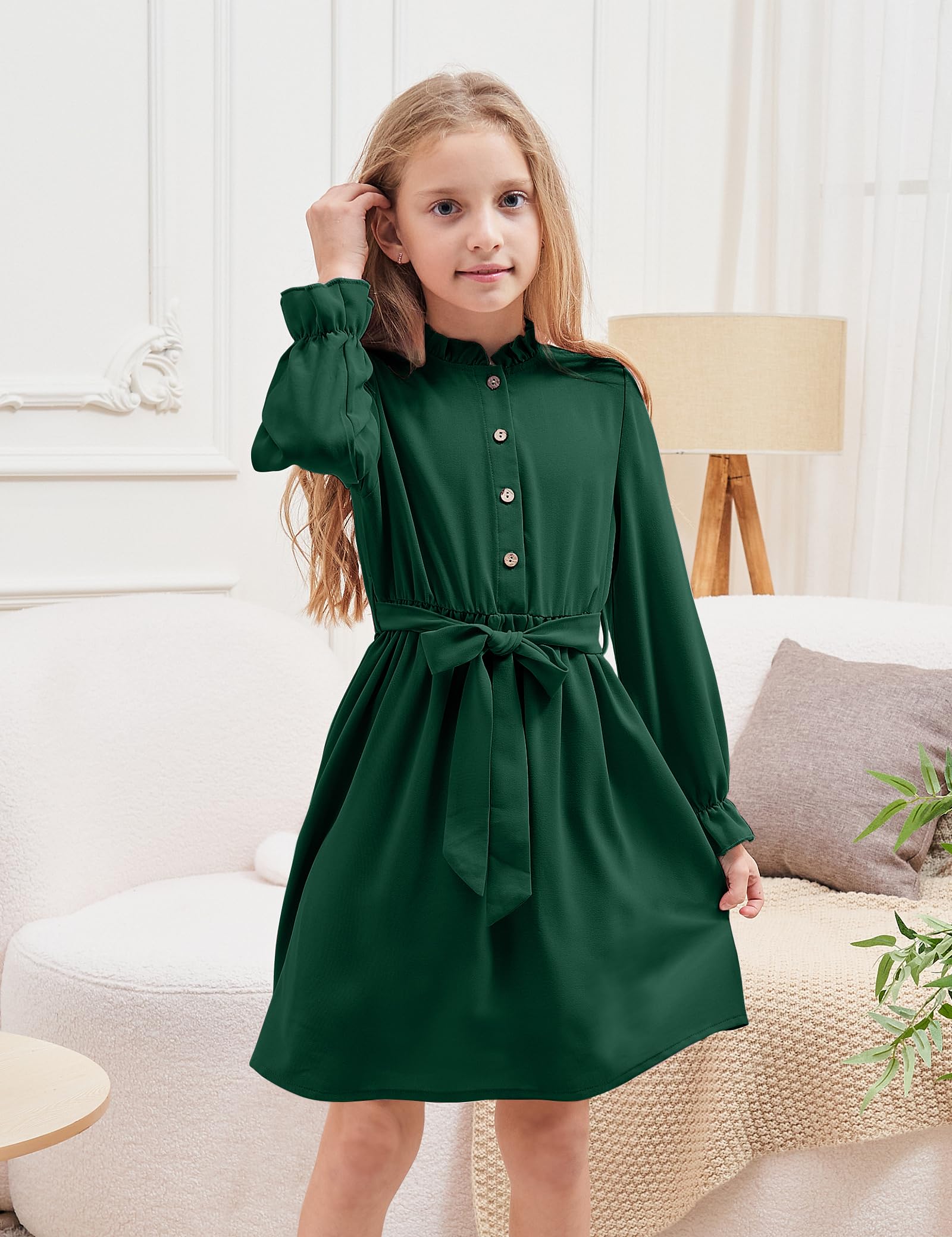 Glaoly Girls Dress Green Ruffle Collar Button-Down Long Sleeve Swing Girls Dresses Size 7-8